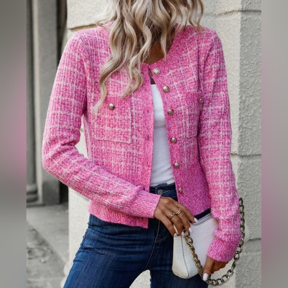 Sweaters | New Chic Plaid Tweed Knit Cardigan Sweater Hot Pink White ...